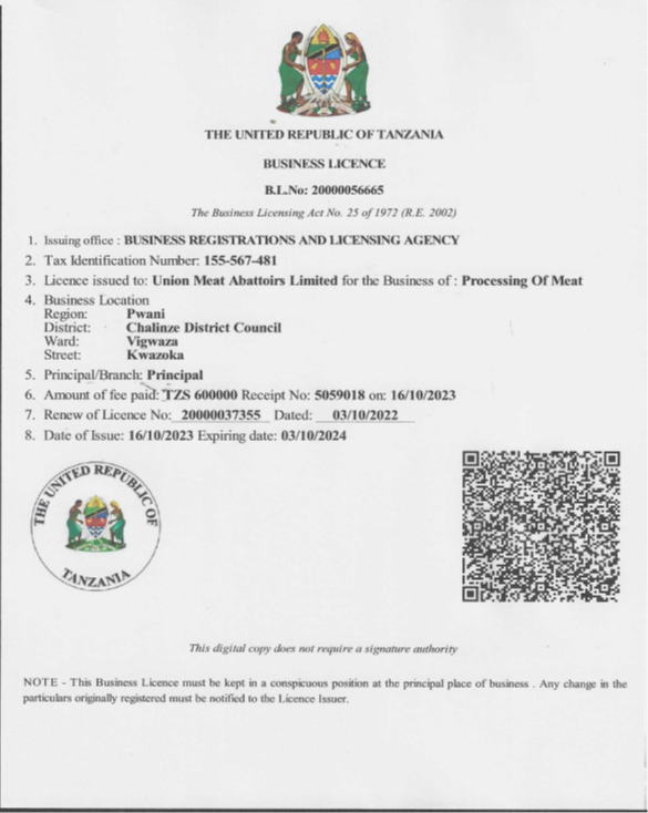 Certifications and Compliance Documents – Union Meat Group