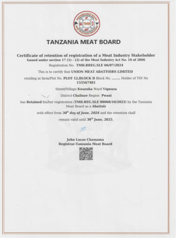 Certifications and Compliance Documents – Union Meat Group